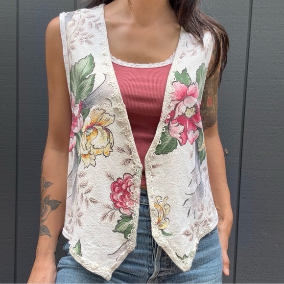 Handmade | Jackets & Coats | Vintage Handmade Floral Vest With Lace ...